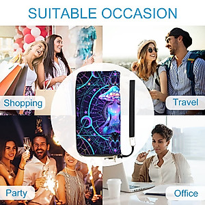 Women's Clutch Wallet Bag,Psychedelic Magic Mushrooms over Sacred Geometry Long Leather Wallets with Wristlet Strap Zipper Around Credit Card Holder GIft-TPU Durable Shockproof Lightweight Waterproof