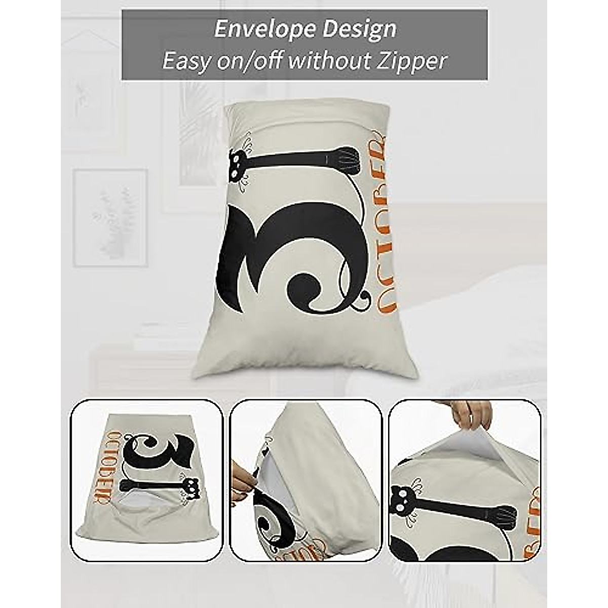 Edwiinsa Halloween Pillow Covers King Standard Set of 2 Bed Pillow, Plush Soft Comfort for Hair/Skin Cooling Pillowcases with Envelop Closure 20x36 Inches Black Orange Cute Cartoon Cat Animal