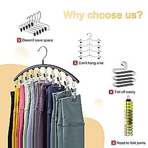 Volnamal Legging Organizer for Closet, Metal Yoga Pants Hangers 4 Pack w/10 Clips Holds 20 Leggings, Hangers Space Saving Hanging Closet Organizer w/Rubber Coated Closet Organizers and Storage, Black