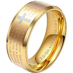 Rinspyre 8MM Gold Stainless Steel Cross Rings for Women Bible Verse Philippians 4:13 Jewelry Wedding Bands Size 11