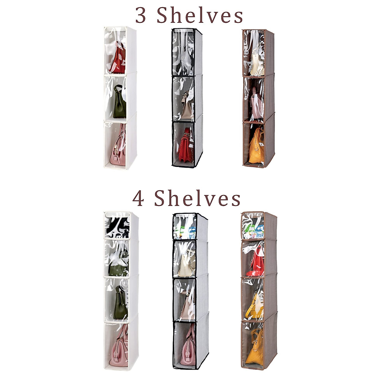 Japarismo Hanging Handbag Purse Closet Organizer Dust Shield Storage Systems Clothing Accessories Rack Dustproof Cover Shelves (Light Gray, 3 Shelves)