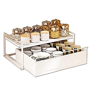 Stackable Sliding Utensils Basket Organization and Storage, Pull-able Under Cabinet Storage, Large Under Sink Organizer Drawer with Shelves for Dishes, Bowls, Seasoning Canisters and Cups(23.5''L)