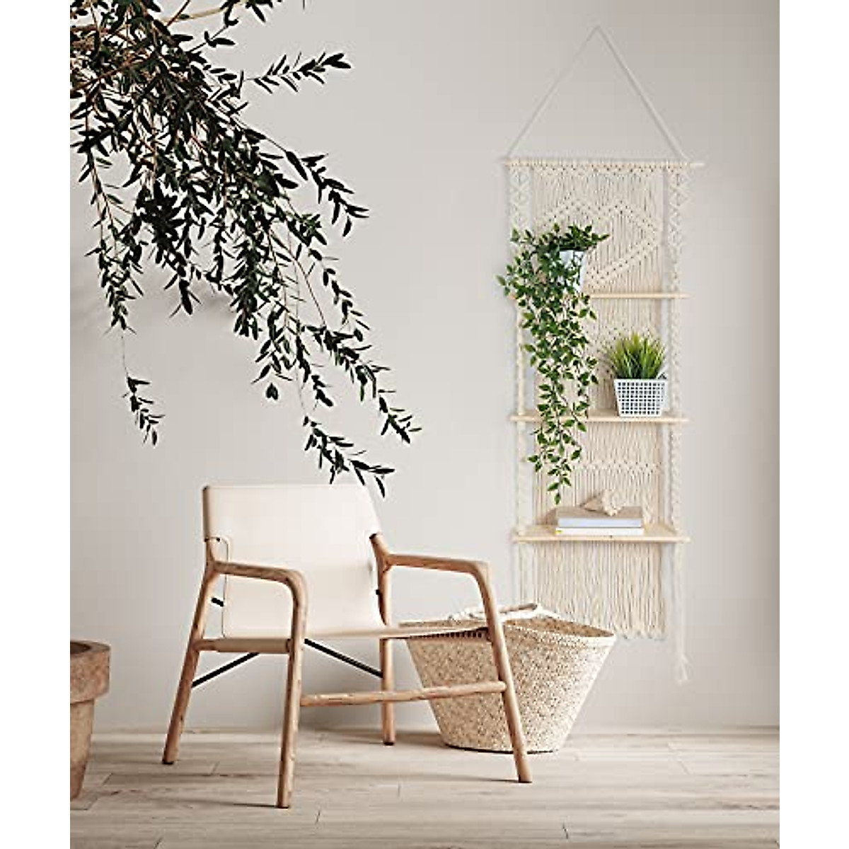 KALTEK Macrame Wall Hanging Shelf - 3 Tier Wall Shelves with Handmade Woven Macrame Rope - Boho Shelves Organizer Hanger for Kitchen, Bathroom, Home Storage, Floating Indoor Plant Wall Shelf