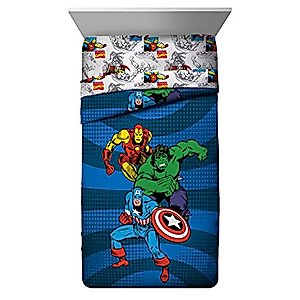 Marvel Avengers Good Guys Twin/Full Comforter - Super Soft Kids Reversible Bedding features Iron Man, Hulk, Captain America, and Spiderman - Fade Resistant Polyester (Official Marvel Product)