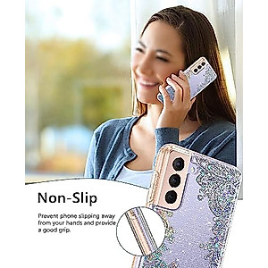 KIOMY Clear Glitter Case with Laser Lace Design for Samsung Galaxy S21 5G, Slim Fit Sparkle Fashion Flower Back Cover for Girl Women, Flexible TPU Sparkly Cute Floral Skin for Samsung S21 (Slim, Lace)