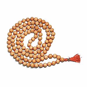 IS4A 8MM TULSI HOLY BASIL PRAYER BEADS JAPA MALA NECKLACE HAND KNOTTED. KARMA 108+1=109 BEADS. BLESSED & ENERGIZED HINDU TIBETAN BUDDHIST SUBHA ROSARY RED TESSEL