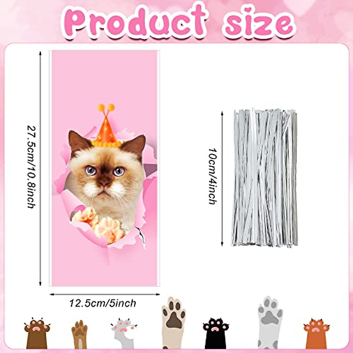 Hotop 100 PCS Cat Cellophane Bags Gift Treat Goodie Candy Party Favor Bag with 150 Ties Kitty Themed Birthday Decorations Supplies for Kids Home Classroom Baby Shower