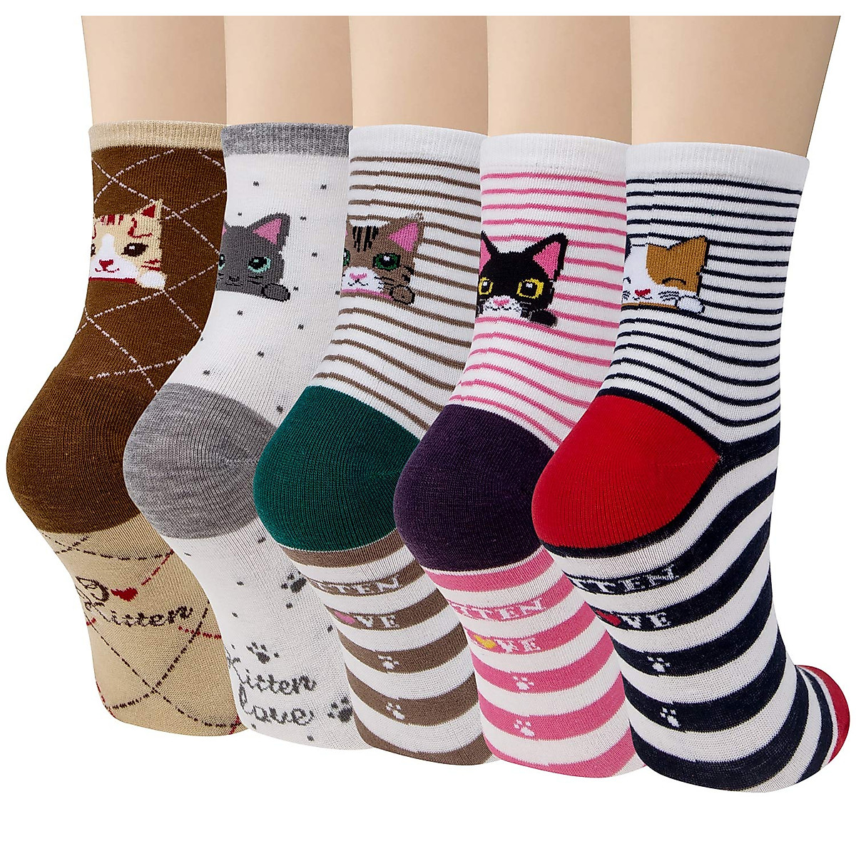 Cute Socks Womens Dog Cat Novelty Animal Socks for girl Cartoon Cotton Casual Crew Funny Socks 5 Pairs, E Cat style 1