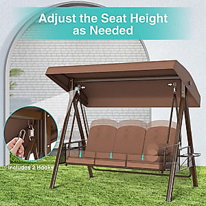 ZENPETIO 3-Seat Outdoor Patio Swing, Adjustable Canopy Porch Swings, Deluxe Outdoor Swing with Weather Resistant Steel Frame, Thickened Cushions, Pillows & Cup Holders for Backyard, Porch, Garden