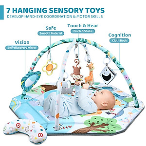 Baby Gym Play Mat, 8-in-1 Tummy Time Mat & Ball Pit with 6 Toys, Washable Baby Activity Play Mat for Visual, Hearing, Sensory, Motor Development, Baby Toys Gift for Toddler Infant 0-3-6-9-12 Months