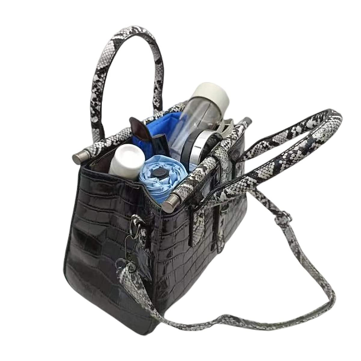 WIGUYUN Women Patent Faux Leather Satchel Handbag Crocodile Tote Purse Snakeskin Handle Shoulder Bag,Gift for Wife/Mom,Black