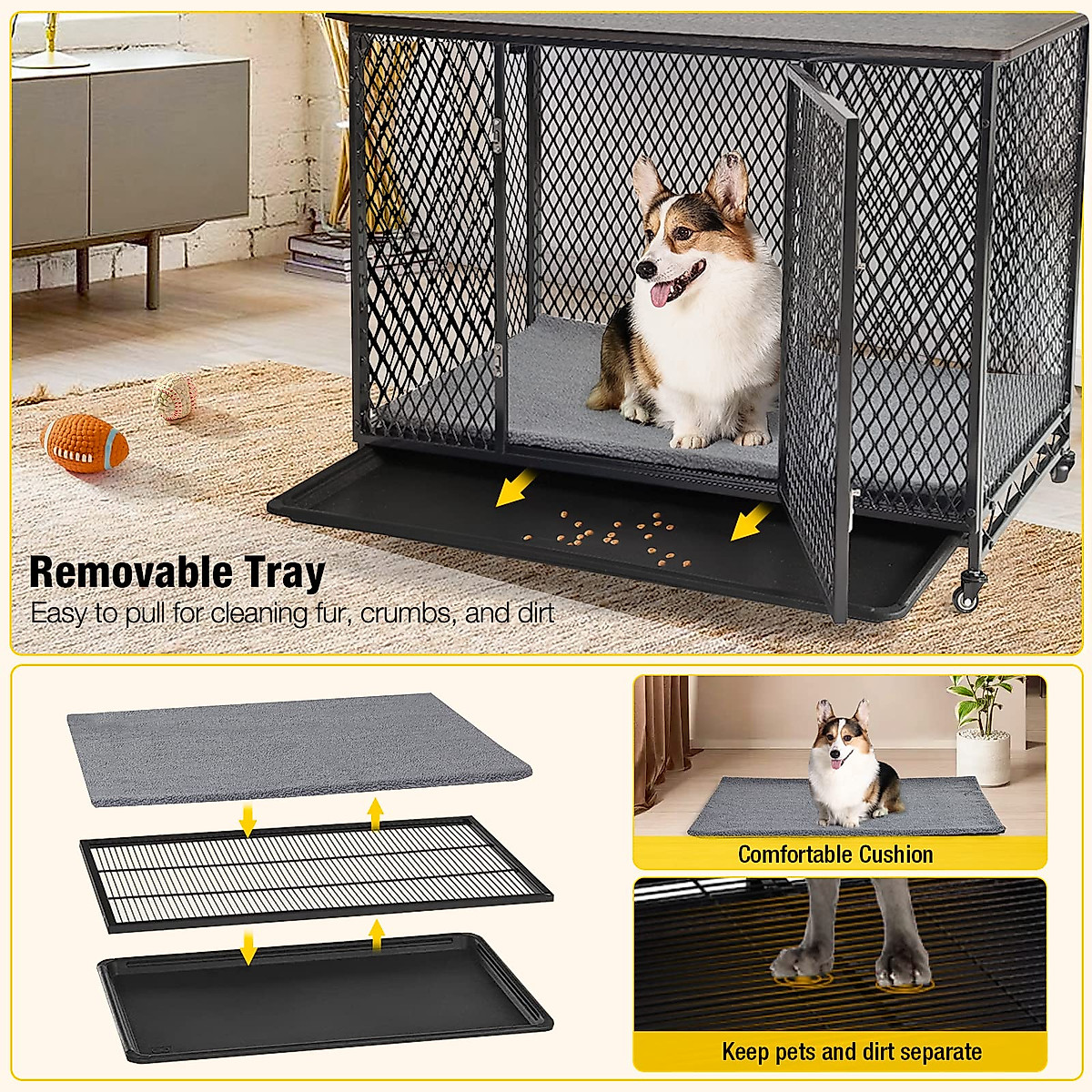 Aivituvin Dog Crate Furniture Movable Side End Table Indoor Dog Kennel for Small Medium Large Dogs Double-Doors Wooden Dog House with Cushion, Tray, Wire Floor(27.2")
