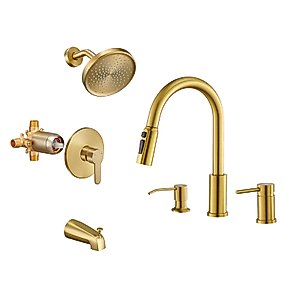 Tohlar Gold Shower Faucet Set with Tub Spout, Bathtub and Shower Faucet Combo Kit & Tohlar Brushed Gold Kitchen Faucet Single Handle High Arc Kitchen Faucets