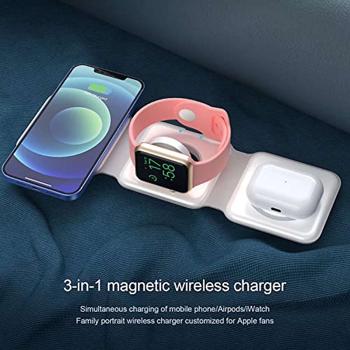New 2022 Foldable Ultra-Thin Mobile Phone Watch Stand Charger 15W Fast QI Magnetic 3 in 1 Wireless (White) (AD-WC20)