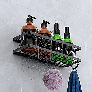 Nokgnoa Shower Caddy Organizer, No Drilling Rustproof Traceless Adhesive Shower Rack, 2 Pack Wall Mounted Shower Shelf with Hooks Hair Dryer Organizer for Bathroom Bedroom (Black)