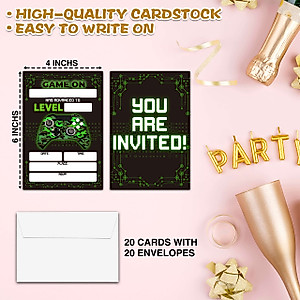 Chuxvon Video Game Birthday Party Invitations, Gamer Birthday Invitation, Double-Sided Green Glow Neon Fill In Invites, Kids Gaming Birthday Party Decorations, 20 Cards With 20 Envelopes(C14)