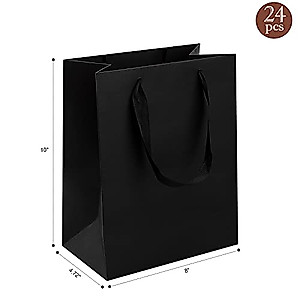 24 pcs Kraft Gift Bags Bulk Meduim Size 8"x4.75"x10", Black Kraft Paper Shopping Bags with Ribbon Handles, Party Favor Bags, Shopping Bags, Retail Bags, Wedding Bags, Merchandise Business Bags