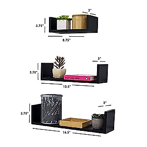 Home Basics Highly Durable Wall Mount Floating Wood Shelf Set of 3 for Livingroom, Bedroom, Bathroom, Kitchen, Trendy Modern Home Décor Organization (BLACK)