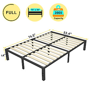 ROIL 14 inch Full Size Bed Frames with Wood Slats - 3500lbs Heavy Duty No Box Spring Needed Platform, Mattress Stoppers Double Metal Noise Free Bedframe with Headboard Hole