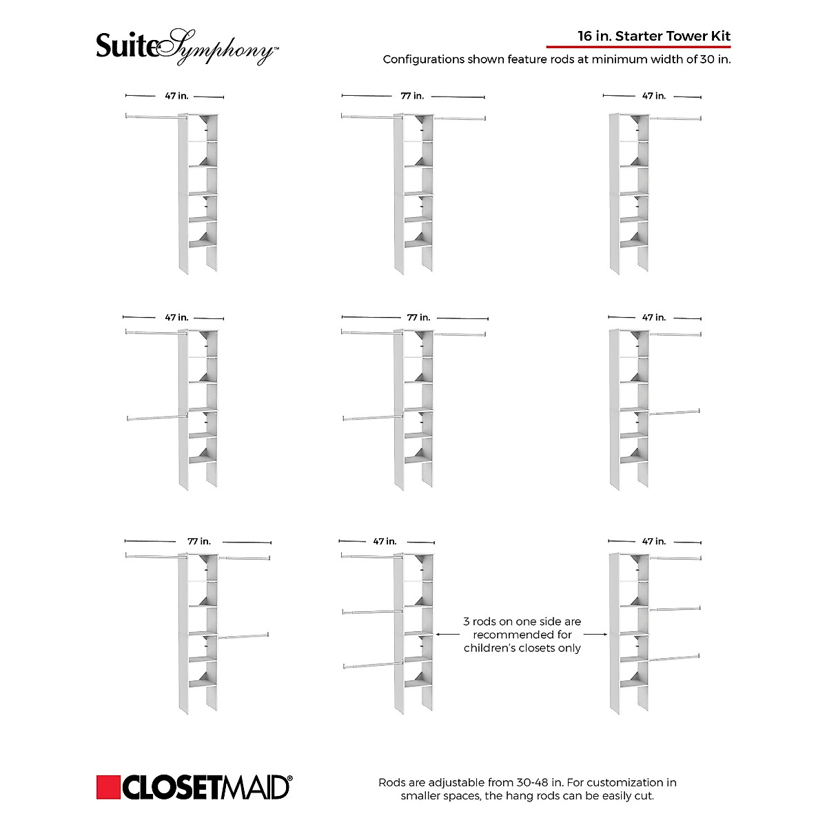 ClosetMaid SuiteSymphony Wood Closet Organizer Starter Kit with Tower and 3 Hang Rods, Shelves, Adjustable, Fits Spaces 4 – 9 ft. Wide, Pure White, 16"