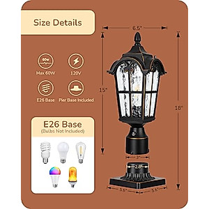 EDISHINE Dusk to Dawn Outdoor Post Light with Pier Mount Base, Black Roman Waterproof Pole Lantern Fixture, Water Ripple Glass Exterior Lamp Post Light for Driverway, Patio, Pathway