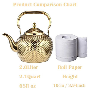 Alunsito Teapot for Stove Top, Stovetop Tea Kettle, Food Grade Stainless Steel Tea Kettle, 2.1qt Metal Tea Pot with Tea Strainer for Easy Tea, Coffee, Gold, 2 Liters