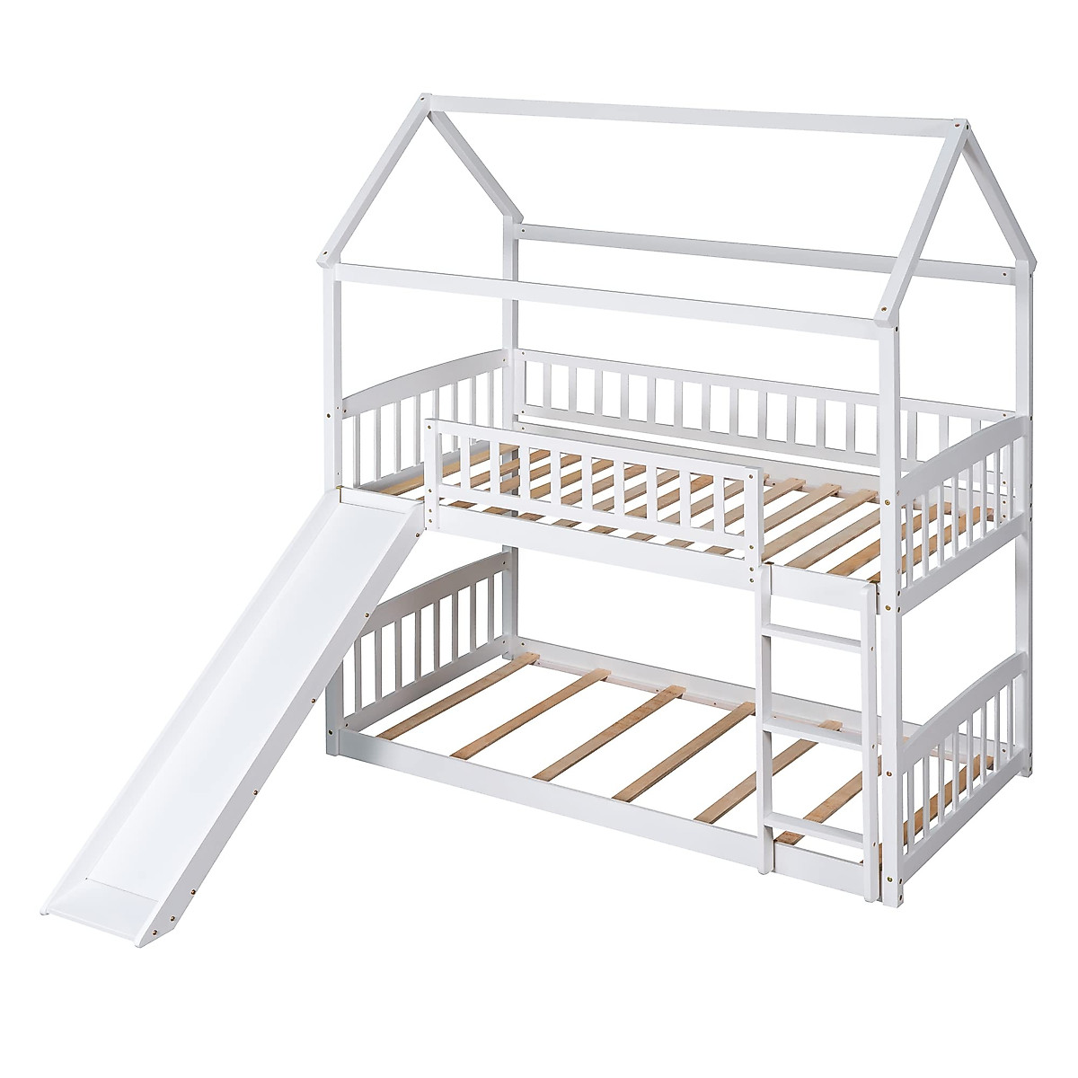 House Bunk Beds with Slide Twin Over Twin Floor Bunk Bed Frame Wood Playhouse Bunkbed with Storage for Kids Toddlers Girls/Boys, White