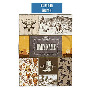MeMate Personalized Baby Blanket with Name, Wild West Cowboy Baby Boy Swaddle Blanket, Western Baby Blanket Name Boy, Soft Fleece Blanket, Cowboy Baby Blanket for Newborn Infant Toddlers Kids