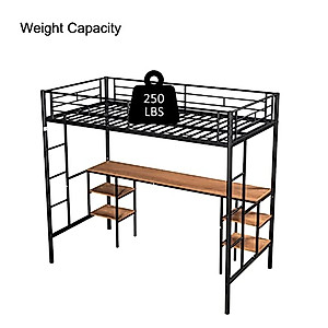 Metal Twin Loft Bed with Desk and Storage Shelves, Space-Saving Bed Frame with 2 Side Ladders and Safety Guard Rails for Kids Teens Adults, No Box Spring Needed