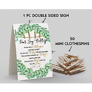 Don't Say Baby Sign, Baby Shower Clothespin Game, Includes a 5x7 Standing Sign and 50 Mini Natural Clothespins - Toctose041