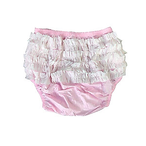 Haian Adult Frilly Plastic Rumba Incontinence Pull-on Plastic Pants with White PVC Frilly (Medium, Baby Pink)