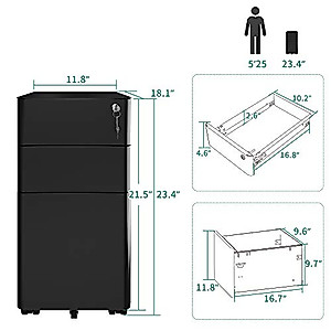 YITAHOME 3-Drawer Slim File Cabinet with Lock, Mobile Metal Office Storage Filing Cabinet, Legal/Letter Size, Pre-Assembled File Cabinet Except Wheels Under Desk - Black