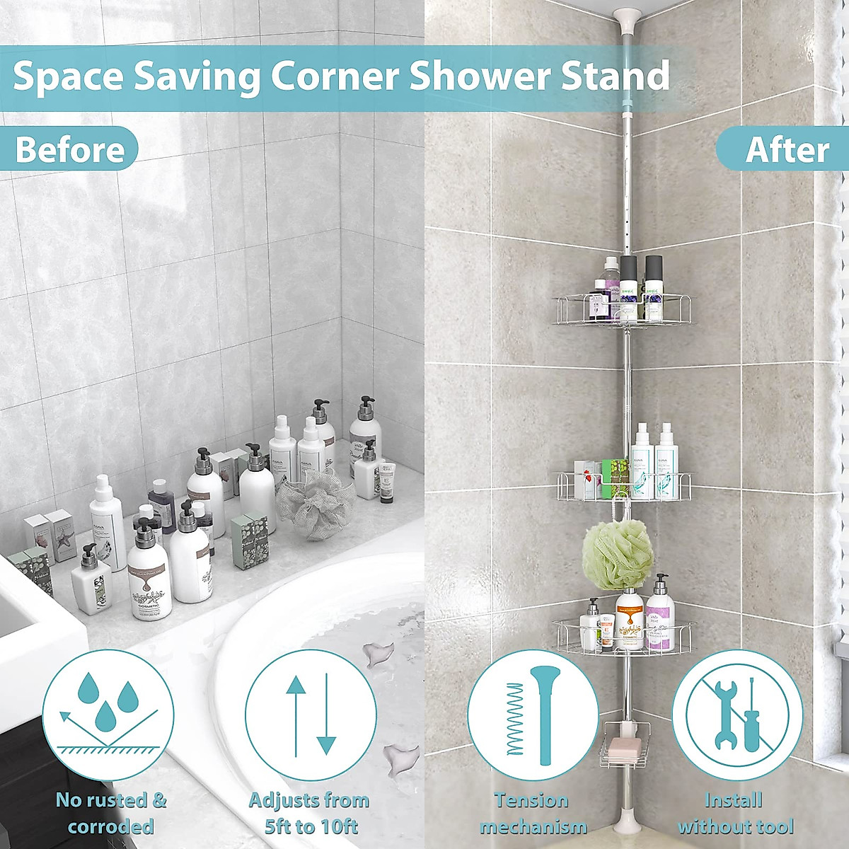 Tension Shower Caddy , Stainless Steel Corner Shower Caddy Stand Storage Organizer with Rustproof Tension Pole for Bathroom Bathtub Shampoo Soap Plants, 4 Tier Adjustable Shelves, 54 to 125 Inch