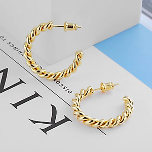 Gacimy Twisted Gold Hoop Earrings for Women 14K Real Gold Plated, 925 Sterling Silver Post Chunky Hoop Earrings for Women, 25mm Medium Braided Hoop Earrings