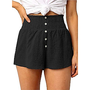 Dokotoo Womens Ladies Casual Soft High Waisted Linen Shorts for Women Trendy for Summer Comfy Elastic Waist Summer Beach Cruise Travel Resort Wear Vacation Outfits Short Pants Solid Black Medium