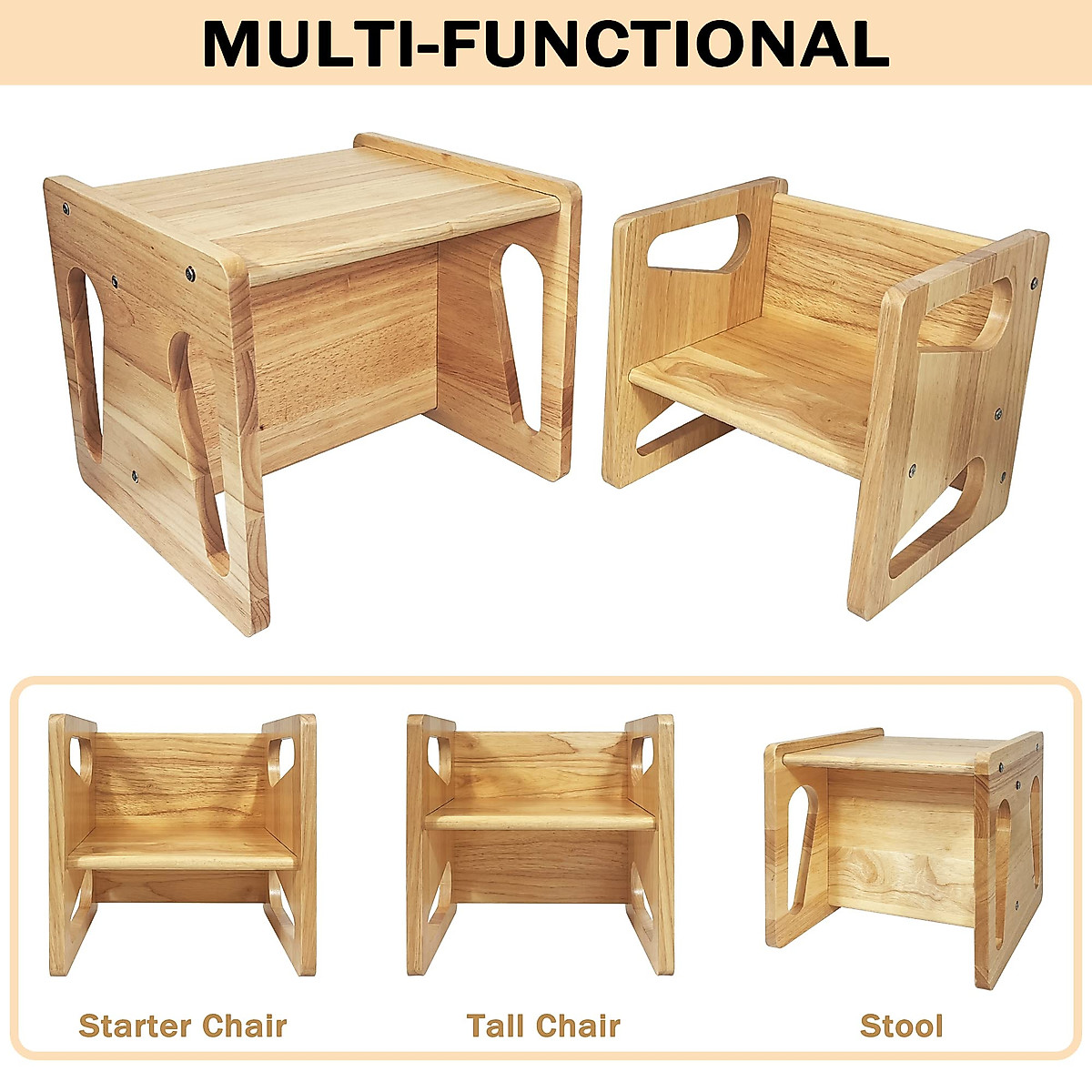 Royxen Montessori Weaning Table and Chair Solid Wood Toddler Table and Chair Set 2 Level Height, Cube Chairs for Toddlers