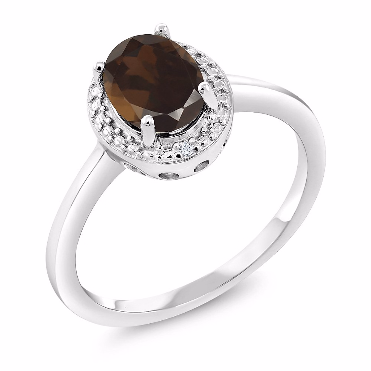 Gem Stone King 925 Sterling Silver Brown Smoky Quartz and White Diamond Engagement Ring For Women (1.21 Cttw, Gemstone Birthstone, Oval 8X6MM, Available In Size 5, 6, 7, 8, 9)