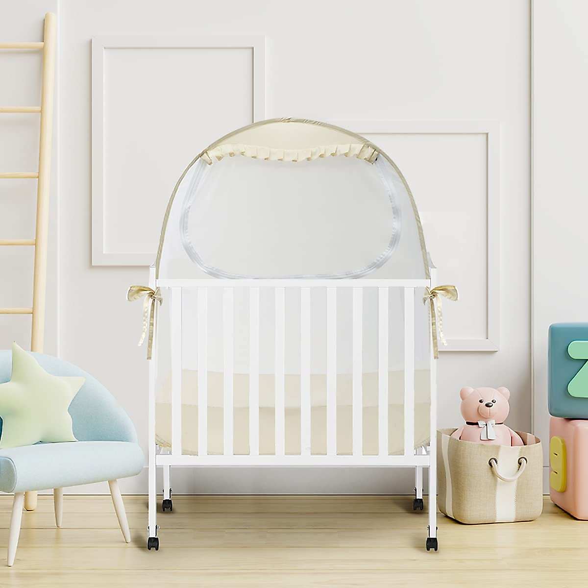 L RUNNZER Pop Up Pack N Play Tent, Baby Crib Net to Keep Baby in, Toddler Mini Crib Canopy for Pack and Play, Mini Cribs & Playard, See Through, Breathable & Portable