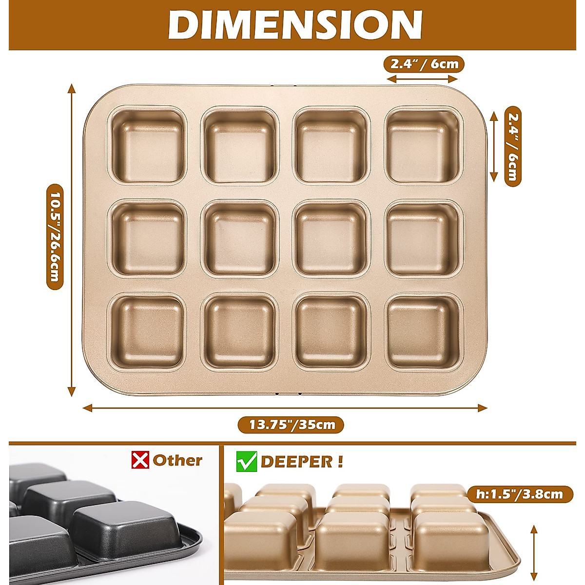 Webake Brownie Cake Pan, 12-Cavity Non-Stick Square Muffin Pan 1.6 Inch Deep Brownie Mold Small Cake Pan Bakeware for Oven Baking (Champagne Gold)