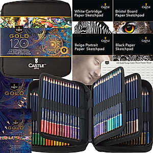 Castle Art Supplies Gold Standard 120 Coloring Pencils Set with Extras, Oil-based Colored Cores Stay Sharper, Tougher Against Breakage, For Adult Artists, Colorists, In Zipper Case