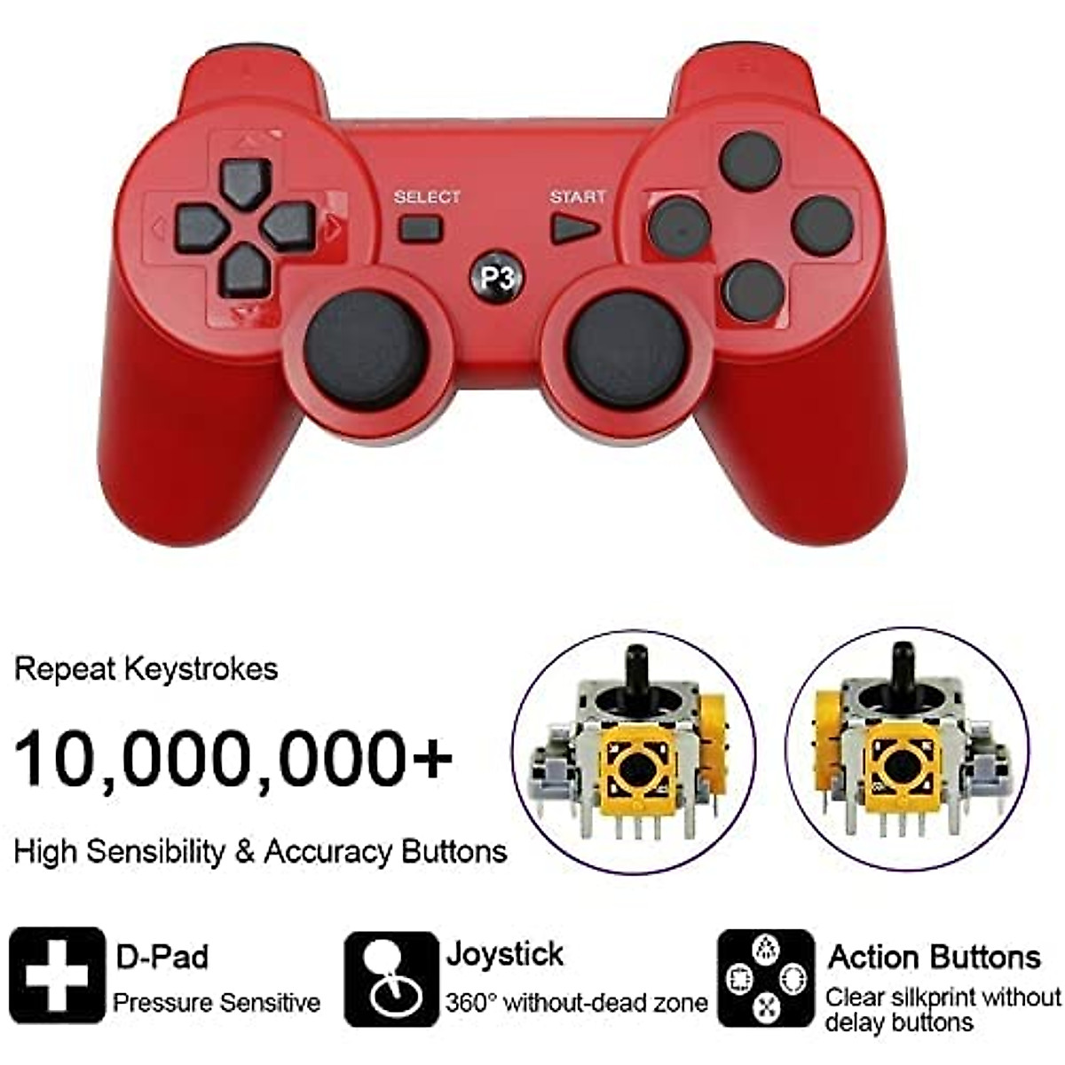 Rzzhgzq 2 Pack PS3 Wireless Controller Playstation 3 Controller Wireless Bluetooth Gamepad with USB Charger Cable for PS3 Console (BLUE+RED)