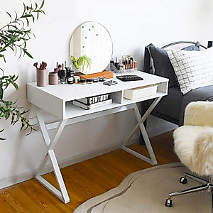 Tangkula White Desk with Storage, Makeup Vanity Table for Bedroom, Multifunctional Study Table with 2 Storage Compartments, Writing Desk for Home Office