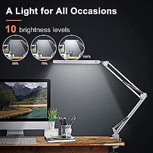 LED Desk Lamp with Clamp, 3 Color Modes Architect Modern Swing Arm Lamp Desk Light, Dimmable Eye-Care Table Light, Memory Function, Task, Study, Reading, Work, Craft, Sewing, Drafting, Home Office 10W