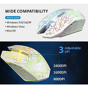Uciefy Q8 Wireless Gaming Computer Mouse, 2.4GHz USB Optical Rechargeable Ergonomic LED Wireless Silent Mouse, 3 Adjustable DPI, 6 Buttons, Compatible with PC, Laptop, Notebook, Desktop (White)
