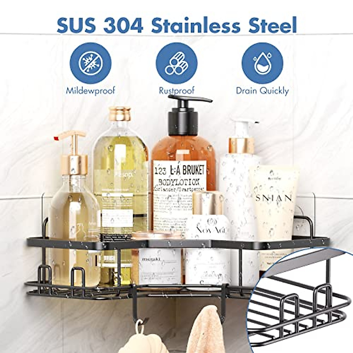 Corner Shower Caddy, 5-Pack Adhesive Shower Organizer, Shower Shelves for Inside Shower, Bathroom Organizer No Drilling with 2 Soap Holder,1 Toothbrush Holder,Rustproof Shower Rack Storage Accessories