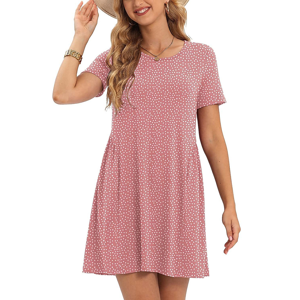 CHARMYI Tshirt Dresses for Women Casual Summer Dress for Women Tunic Swing Loose Pleated T Shirt Dress for Women with Pockets Simple Sundresses Printed Party Midi Flowy Cute Pink Floral 26 L