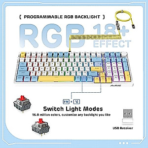 99 Keys Wireless Mechanical Keyboard with Coiled Cable, Bluetooth5.0/2.4G/Wired Gaming Keyboard, RGB Hot Swappable Red Switch Keyboard with Knob Control, PBT Keycaps,Gasket Mounted for PC/Mac/Windows