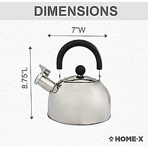 HOME-X Shiny Whistling Kettle, Stainless-Steel Stovetop Tea Kettle, Whistling Water Boiler, Large 2 Liter Capacity,8 ¾” L x 7" W x 8 ¼”, Polished Stainless-Steel