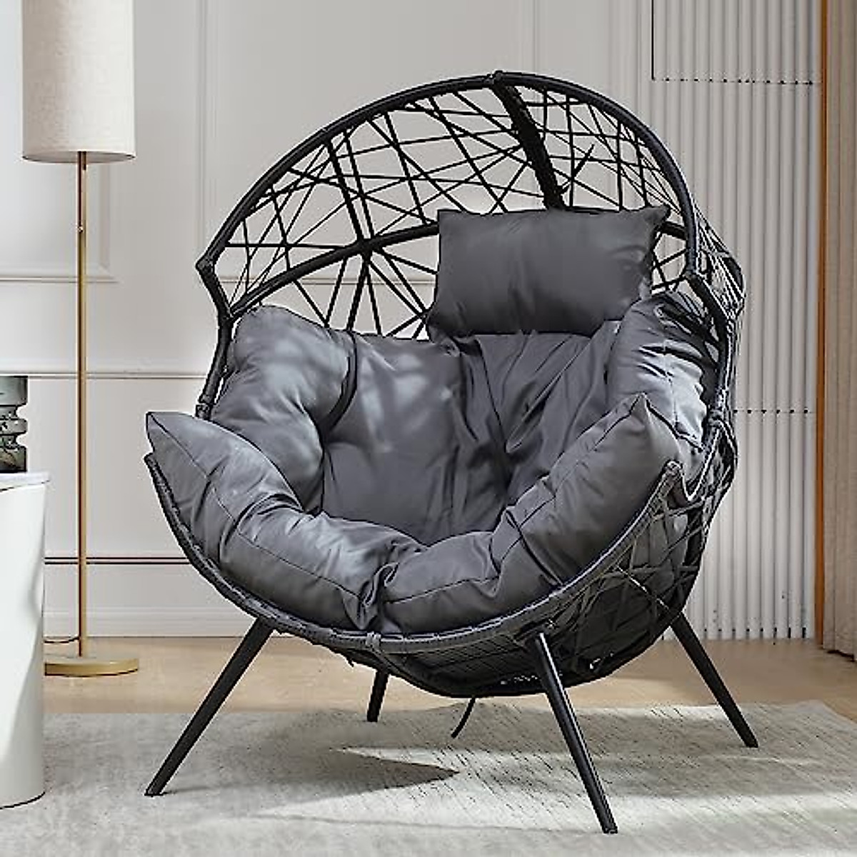 YIGUO Patio Wicker Egg Chair with Table, Egg Basket Lounger with Cushion and Stand, PE Rattan Cuddle Chair for Patio, Backyard, Balcony, Poolside, Living Room,Indoor & Outdoor Dark Gray