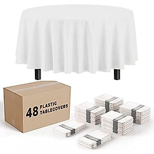Exquisite White Round Tablecloths in Bulk 48 Pack White Plastic Disposable Table Cloth 84 Inch White Tablecloth Plastic Table Cloths for Parties Disposable by The Case